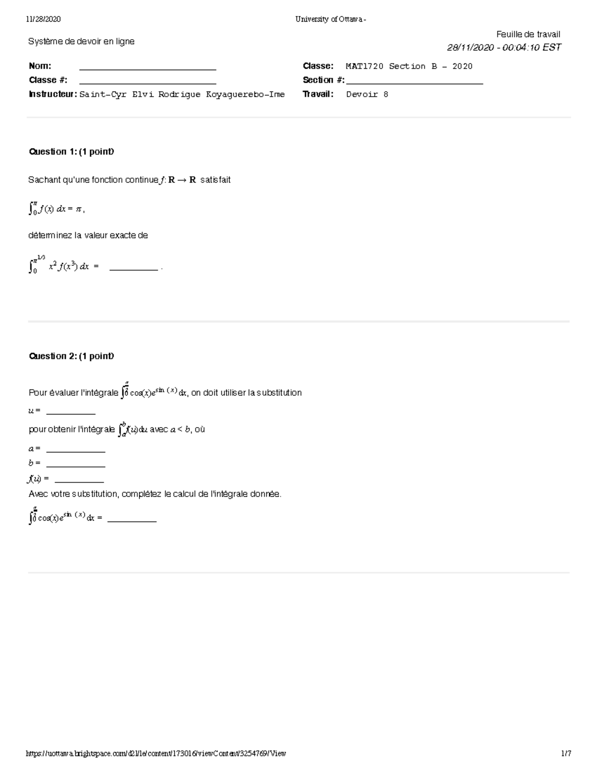 Devoir 8 - MAT1720[B] Calcul diff. et intégral i 20209 - University of Ottawa Feuille de travail ...