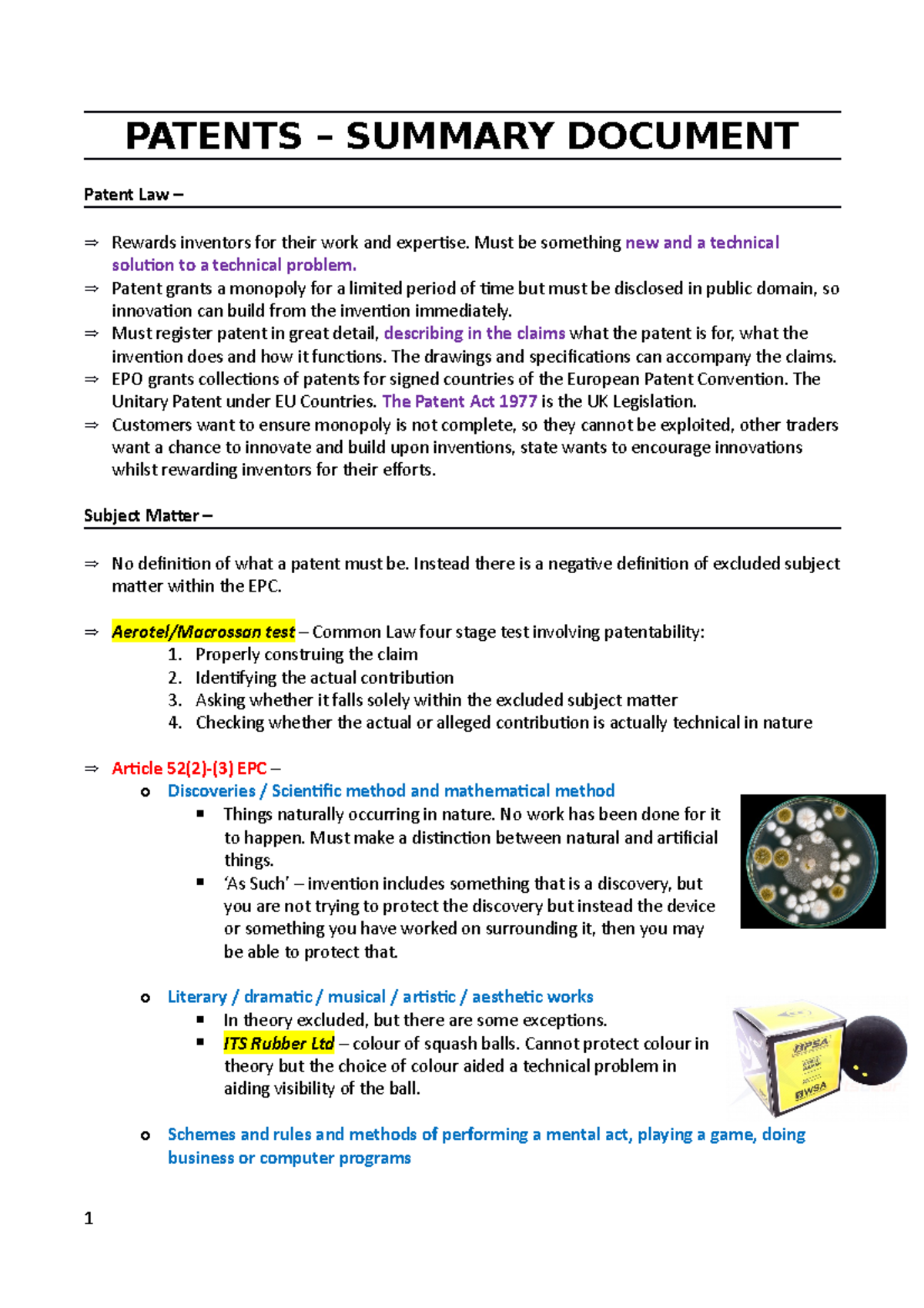 Patents Summary - PATENTS – SUMMARY DOCUMENT Patent Law – Rewards ...