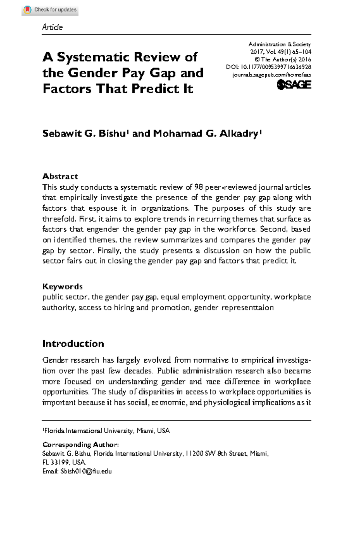 Bishu alkadry 2016 a systematic review of the gender pay gap and factors that predict it - - Studocu
