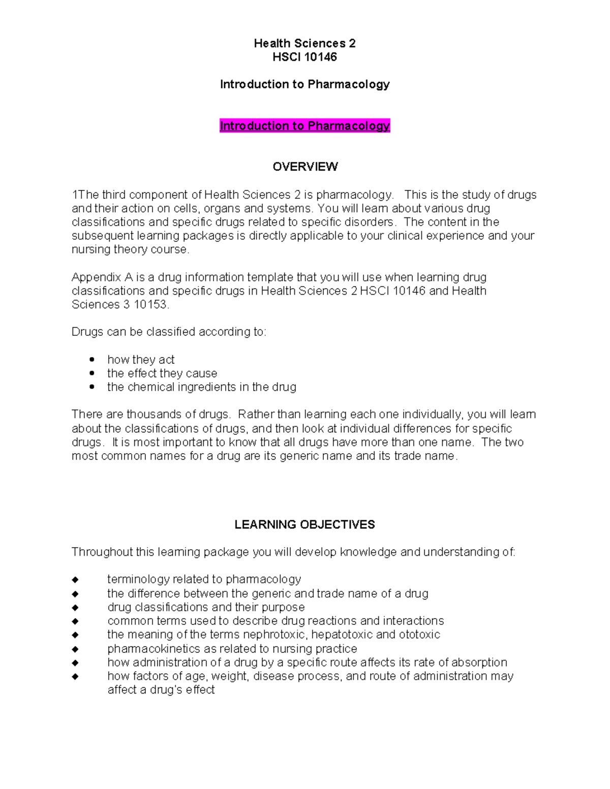 2)HS2Introduction To Pharmacology Learning Package - HSCI 10146 ...
