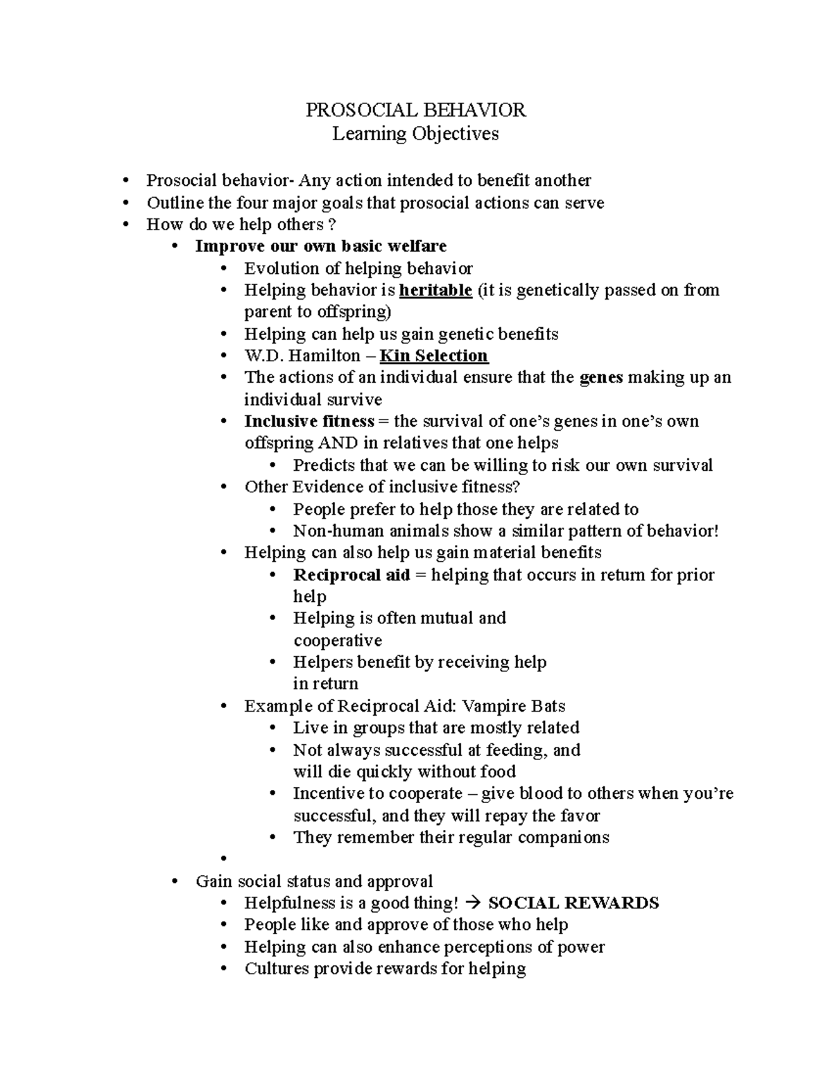 Prosocial - lecture - PROSOCIAL BEHAVIOR Learning Objectives Prosocial ...