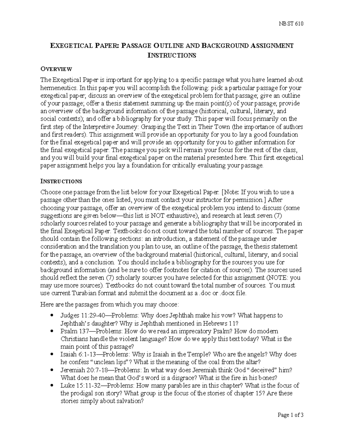 Exegetical Paper Passage Outline and Background Assignment Instructions ...