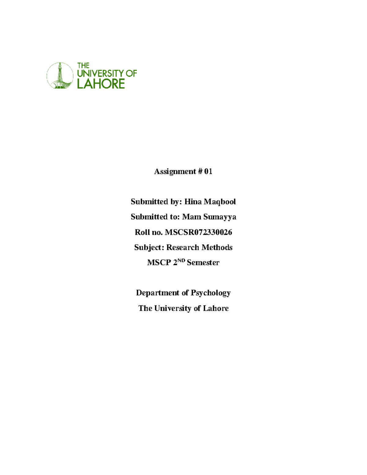 Assignment 2 Research Methodology Clinical Psychology Department of ...