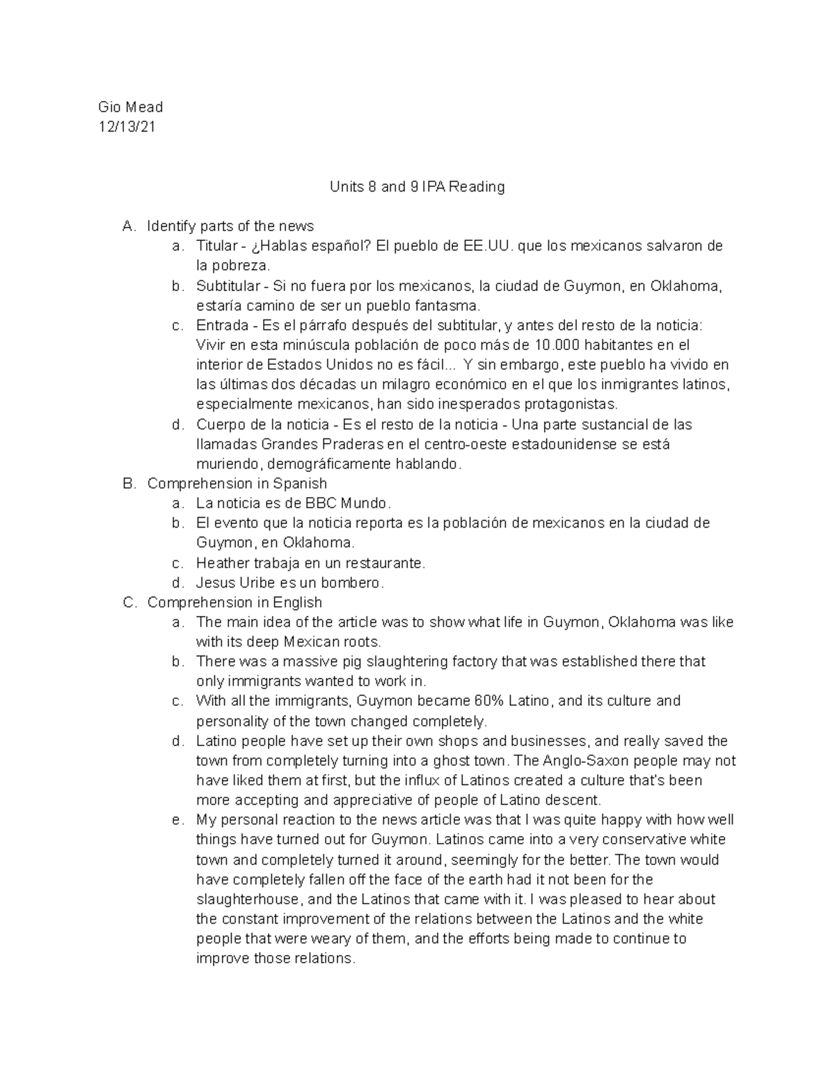 Spanish IPA 2 Reading - Gio Mead 12/13/ Units 8 and 9 IPA Reading A ...