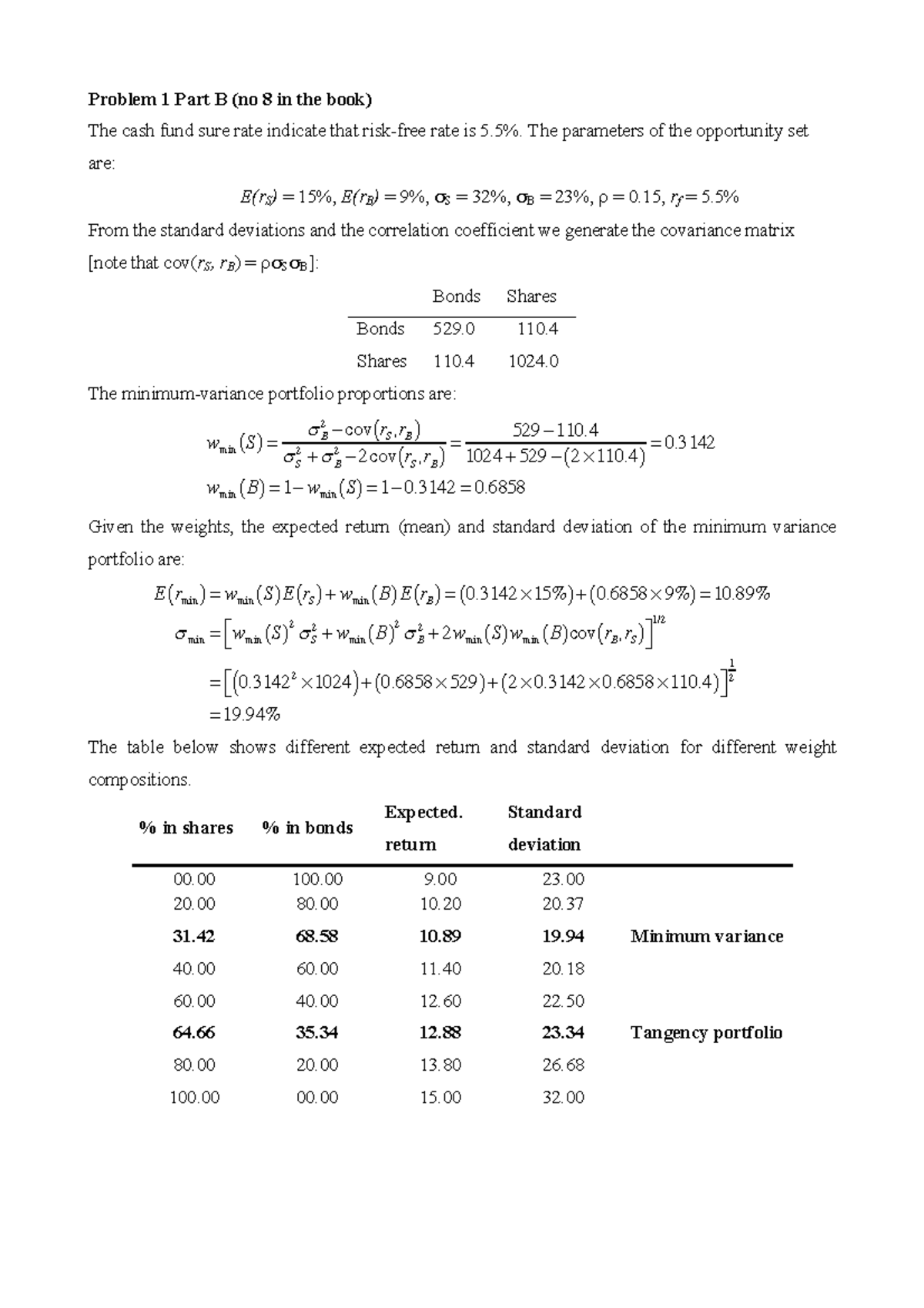 Solution set Asset Allocation lecture - Problem 1 Part B (no 8 in the ...