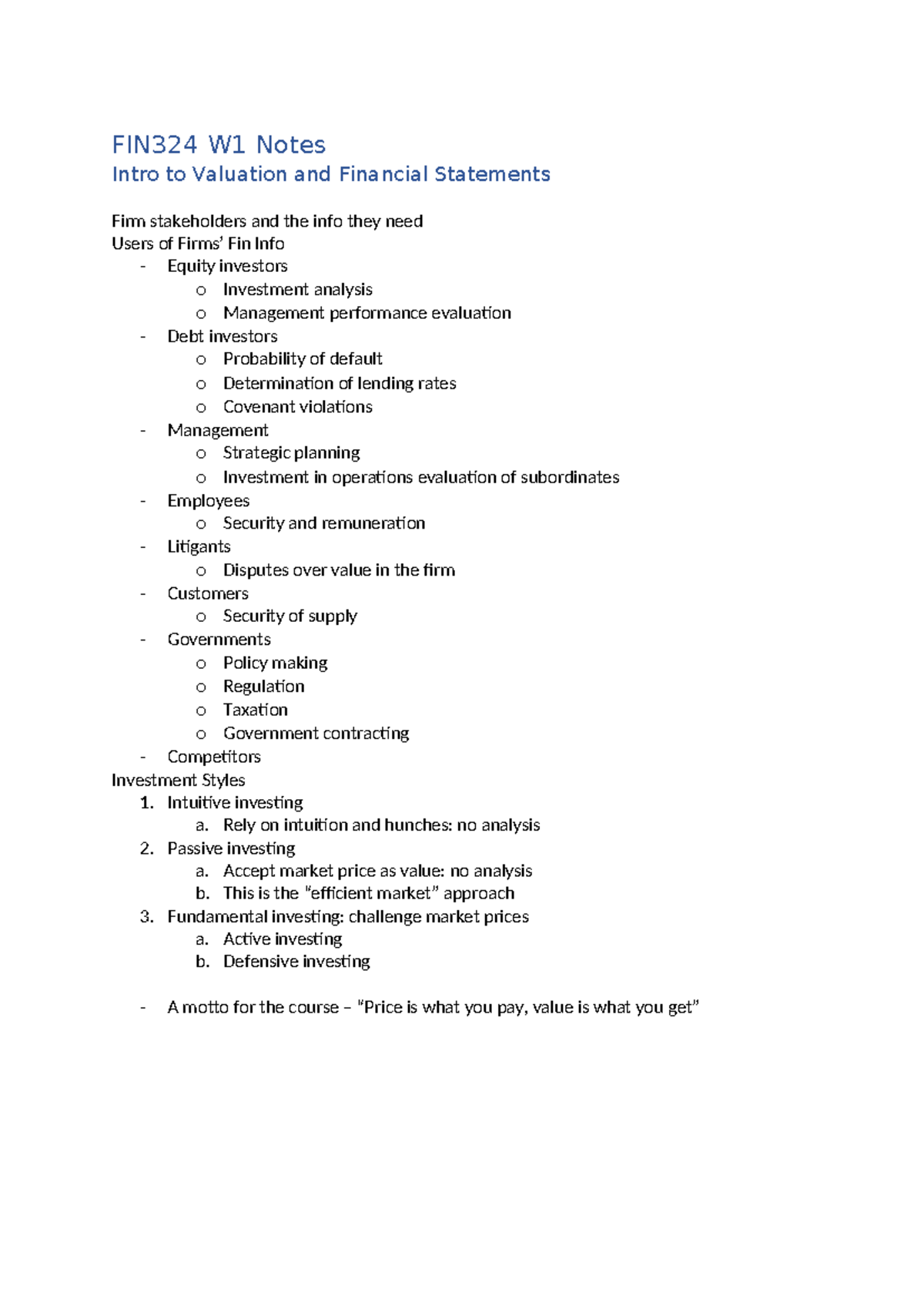 FIN324 W1 Notes - FIN324 W1 Notes Intro to Valuation and Financial ...