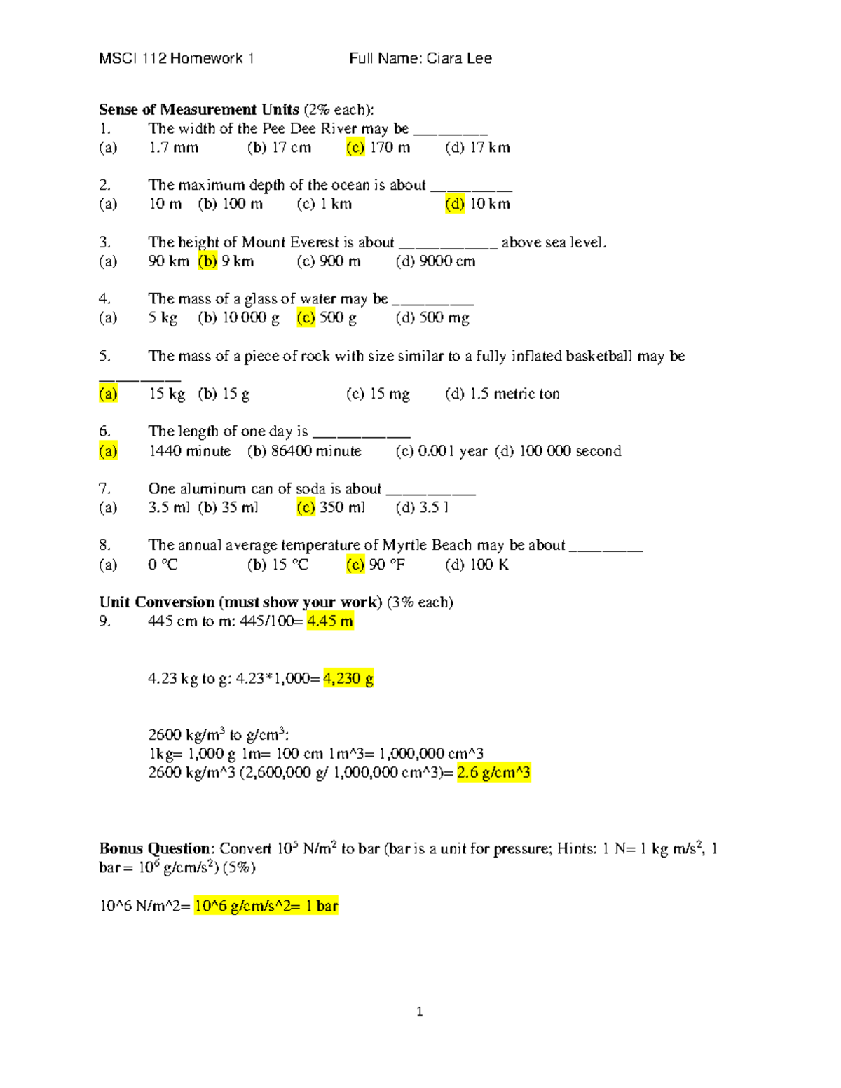 1a Homework Units and Earths Structure - Sense of Measurement Units (2% ...