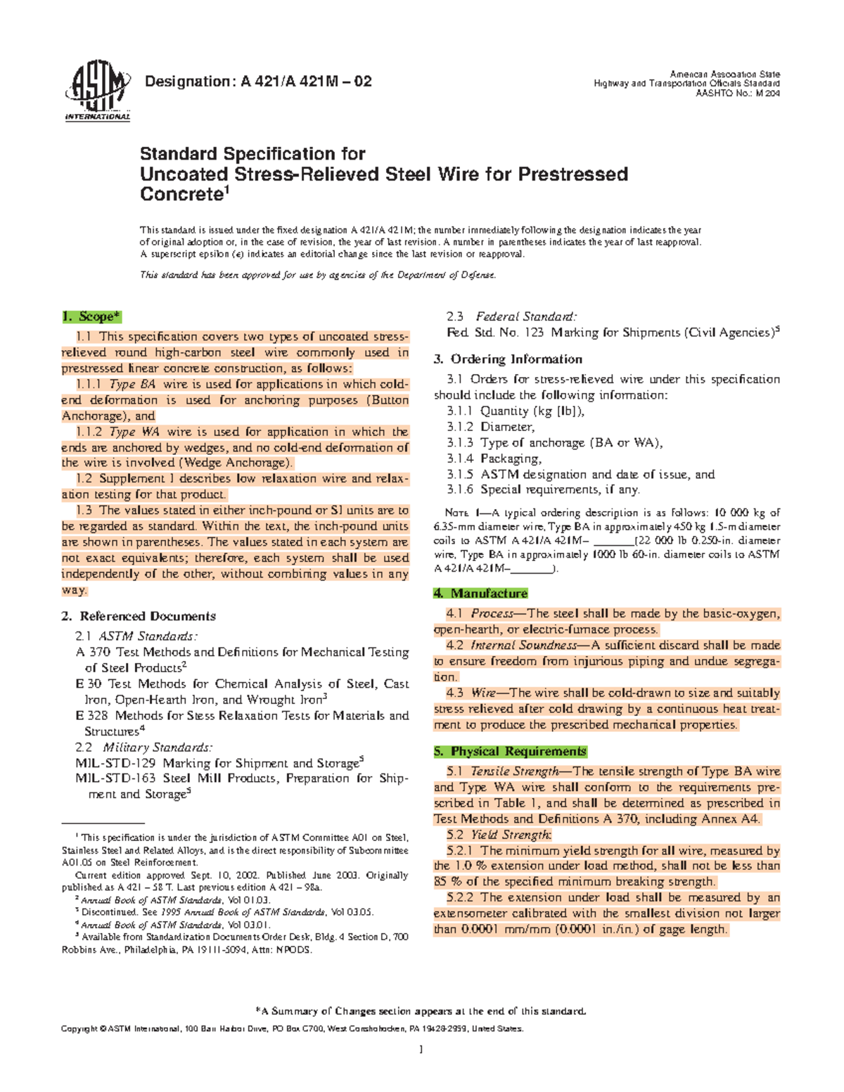 Feismo - ASTM - Designation: A 421/A 421M – 02 American Association State Highway and ...