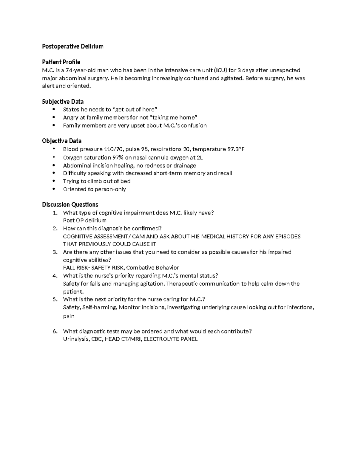 Post-op Delirium Case study - Postoperative Delirium Patient Profile M ...