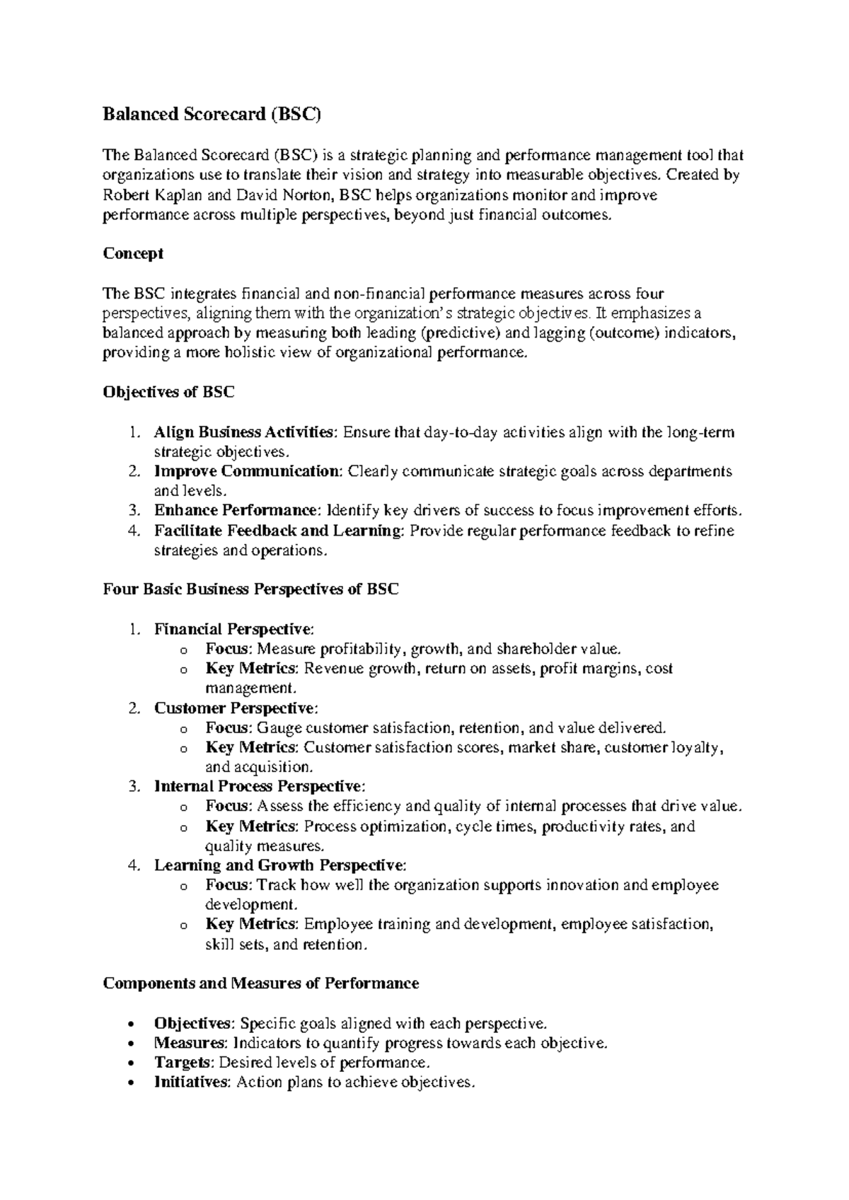 UNIT 7 - Balanced ScoreCard - Balanced Scorecard (BSC) The Balanced ...