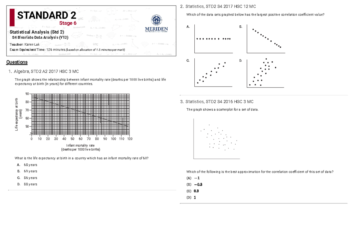 Bivariate Data HSc and HSC style qns - 1. Algebra, STD2 A2 2017 HSC 3 MC Statistical Analysis ...