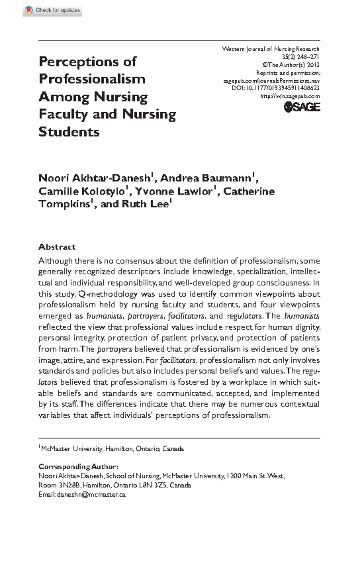 Akhtar-Danesh Perceptions of Professionalism Article - Western Journal ...