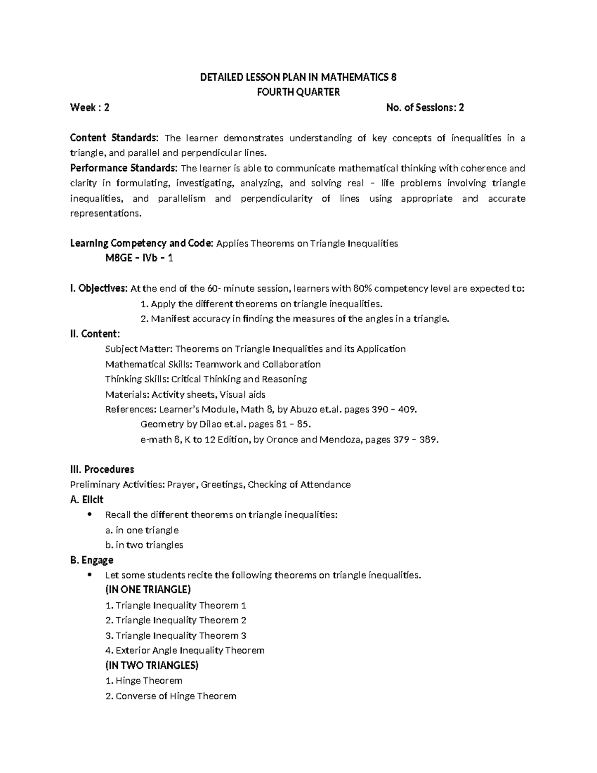 Week-2 - DETAILED LESSON PLAN IN MATHEMATICS 8 FOURTH QUARTER Week : 2 ...