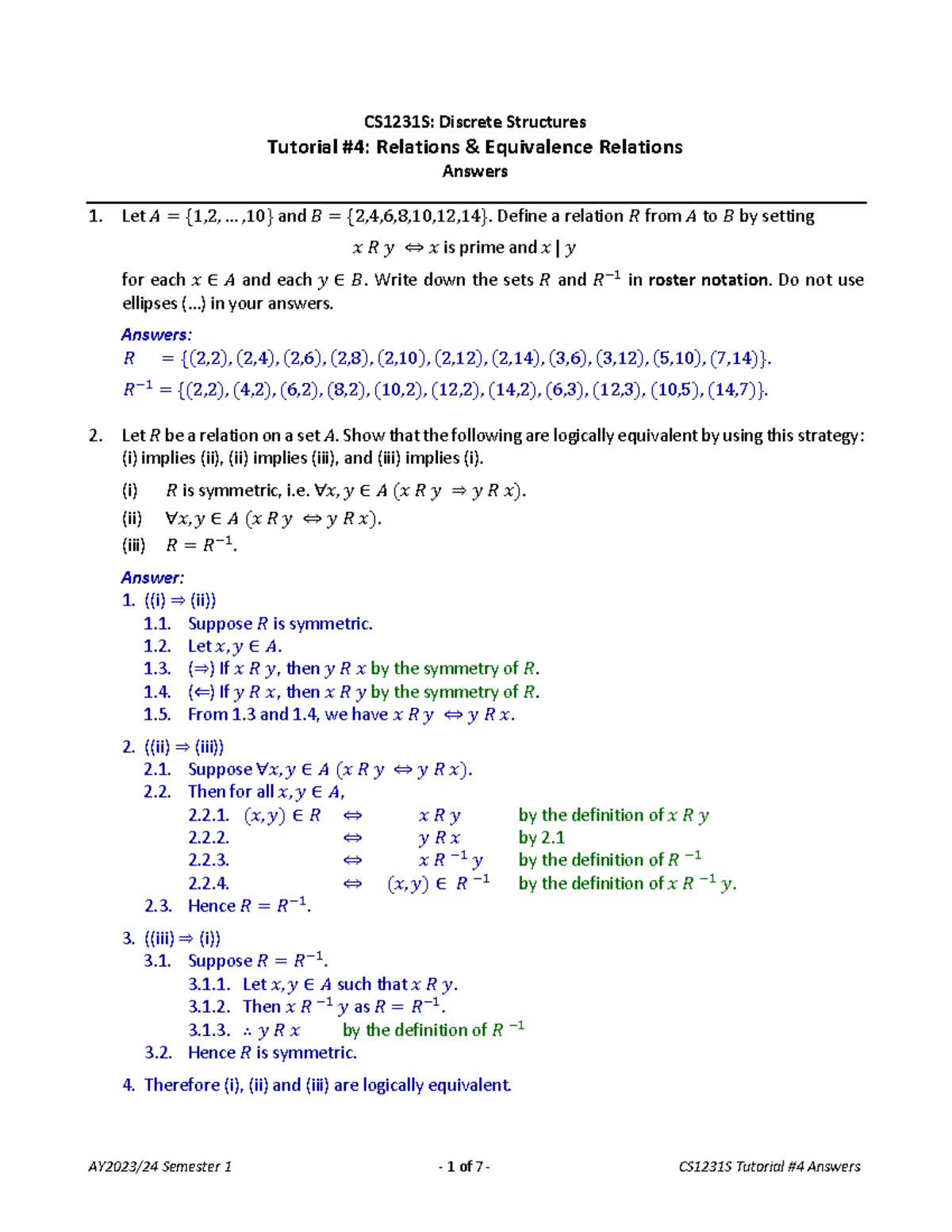 Cs1231s Tutorial 4 Answer Cs1231s Discrete Structures Tutorial 4 Relations And Equivalence 8977