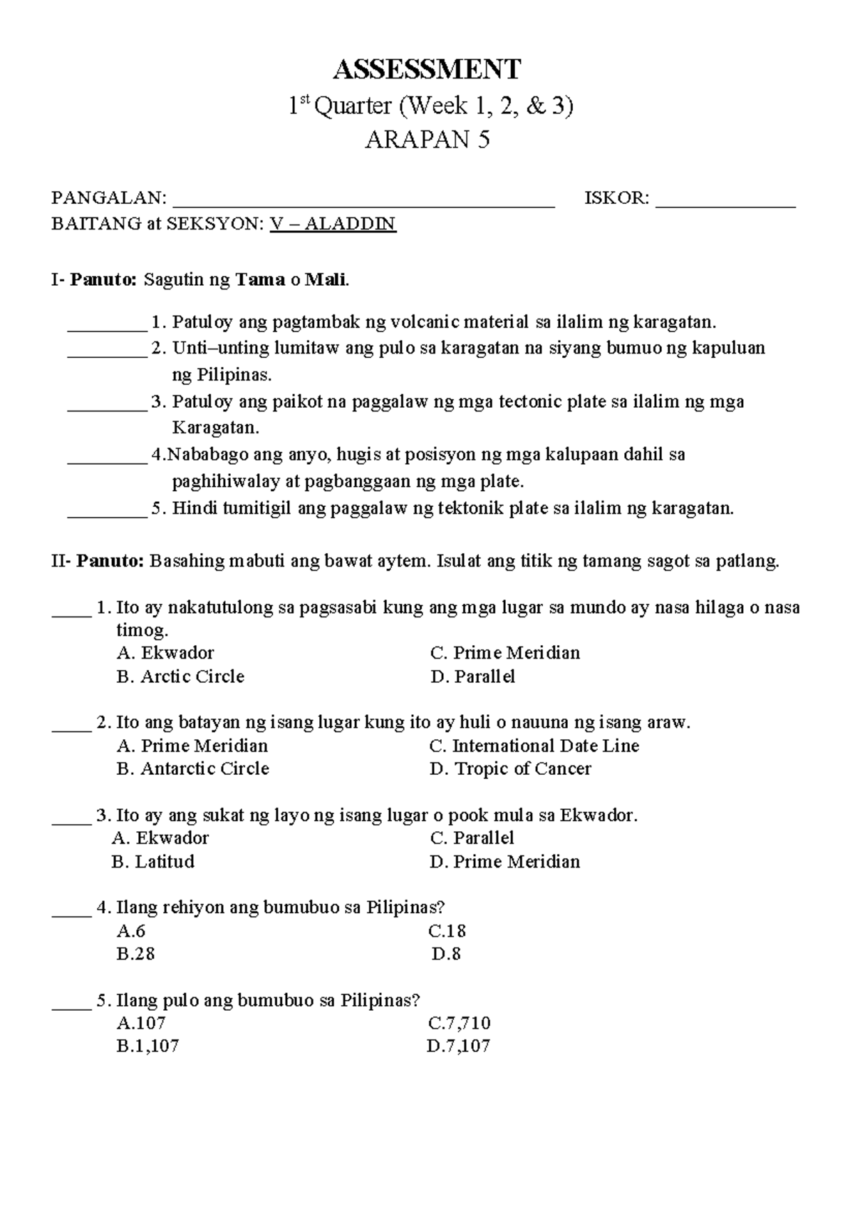 WEEK 1, 2, & 3 - ASSESSMENT 1 st Quarter (Week 1, 2, & 3) ARAPAN 5 ...