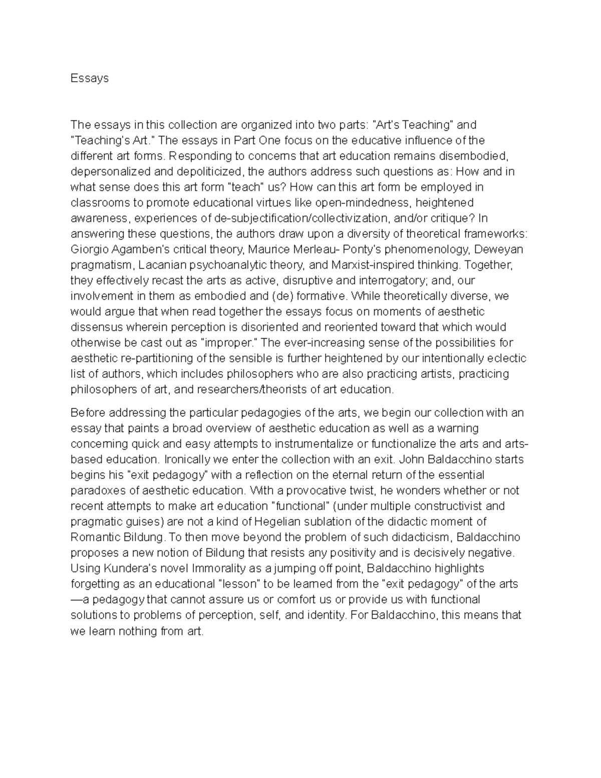 Essays - Essays The essays in this collection are organized into two ...