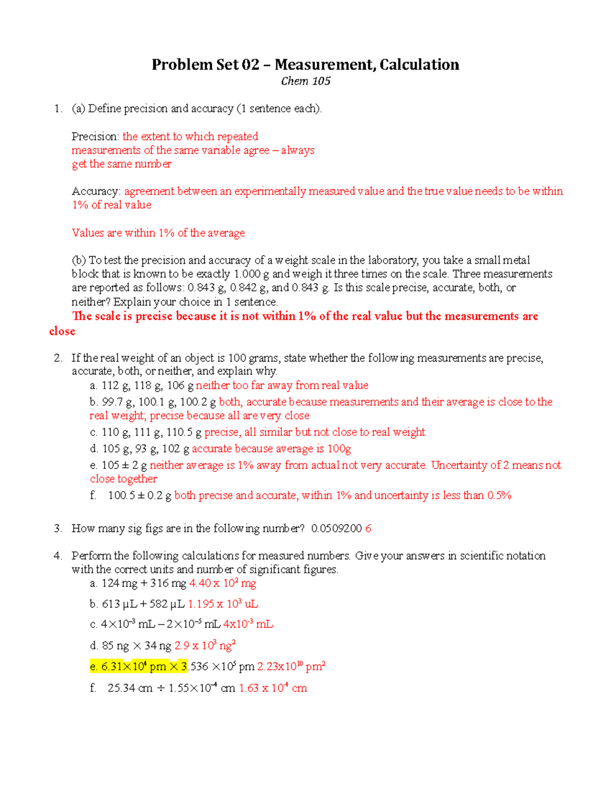CHEM 105 Problem Set 2 - Problem Set 02 – Measurement, Calculation Chem ...