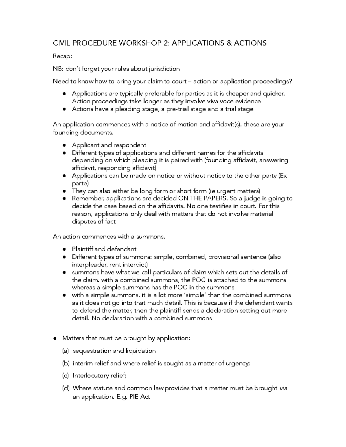Actions and Applications - CIVIL PROCEDURE WORKSHOP 2: APPLICATIONS ...