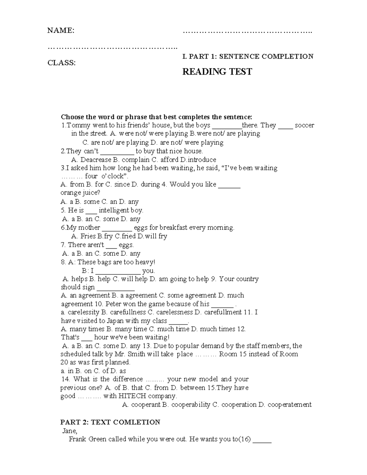 Reading TEST - NAME ...
