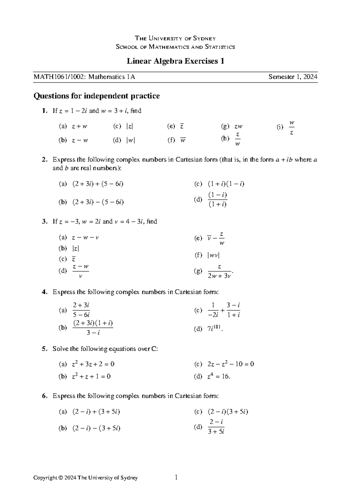 Linear algebra exercises 1 - The University of Sydney School of Mathematics and Statistics ...