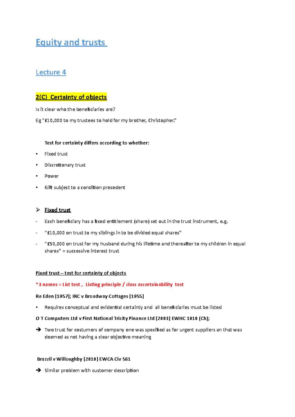 Equity and trust Lecture 4 ( Cetainty of objects) - Equity and trusts Lecture 4 2(C) Certainty ...