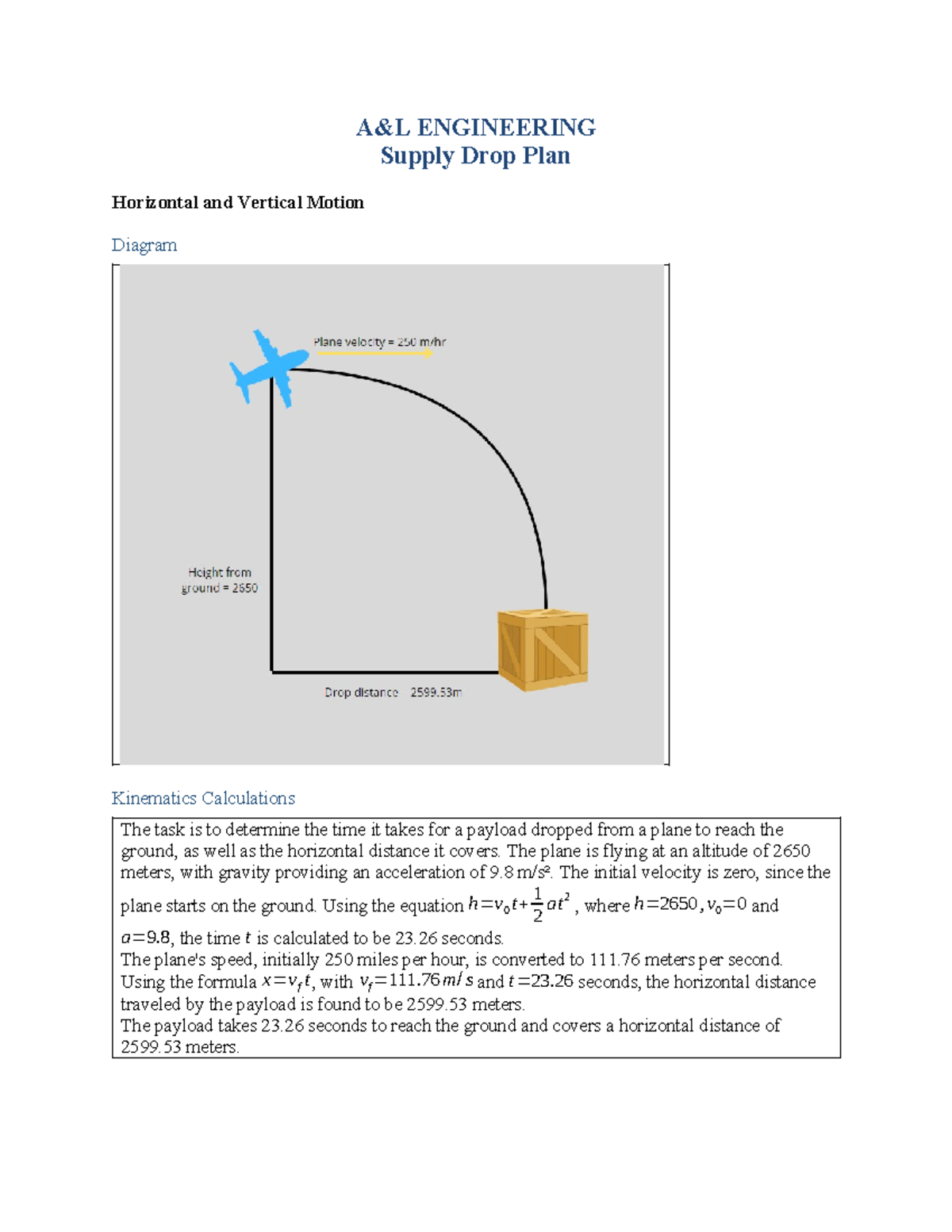 PHY 150 Project One Supply Drop Plan - A&L ENGINEERING Supply Drop Plan Horizontal and Vertical ...