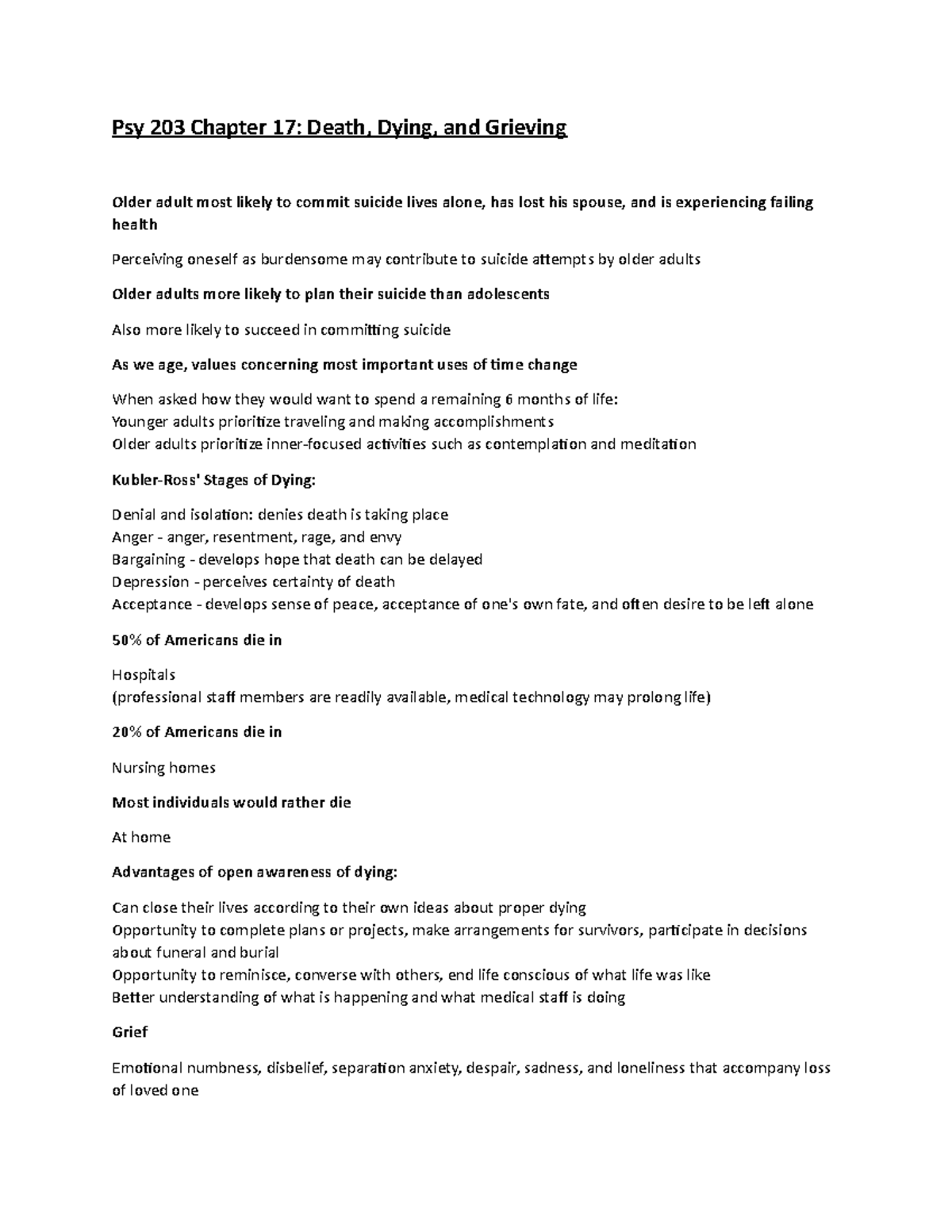 Psy 203 Chapter 17 con - notes/review - Psy 203 Chapter 17: Death ...