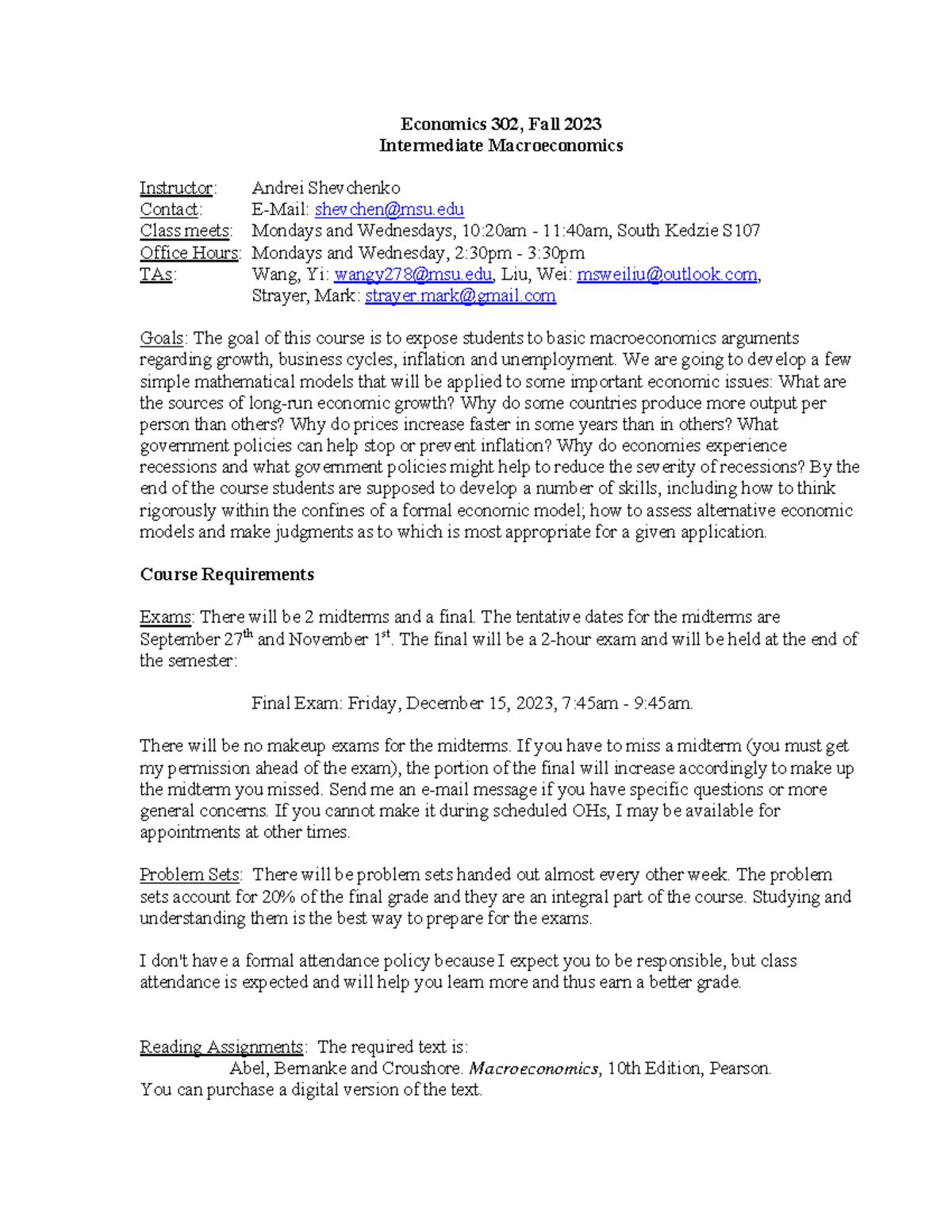 Syllabus EC 302 Fall 2023 - Economics 302, Fall 2023 Intermediate ...