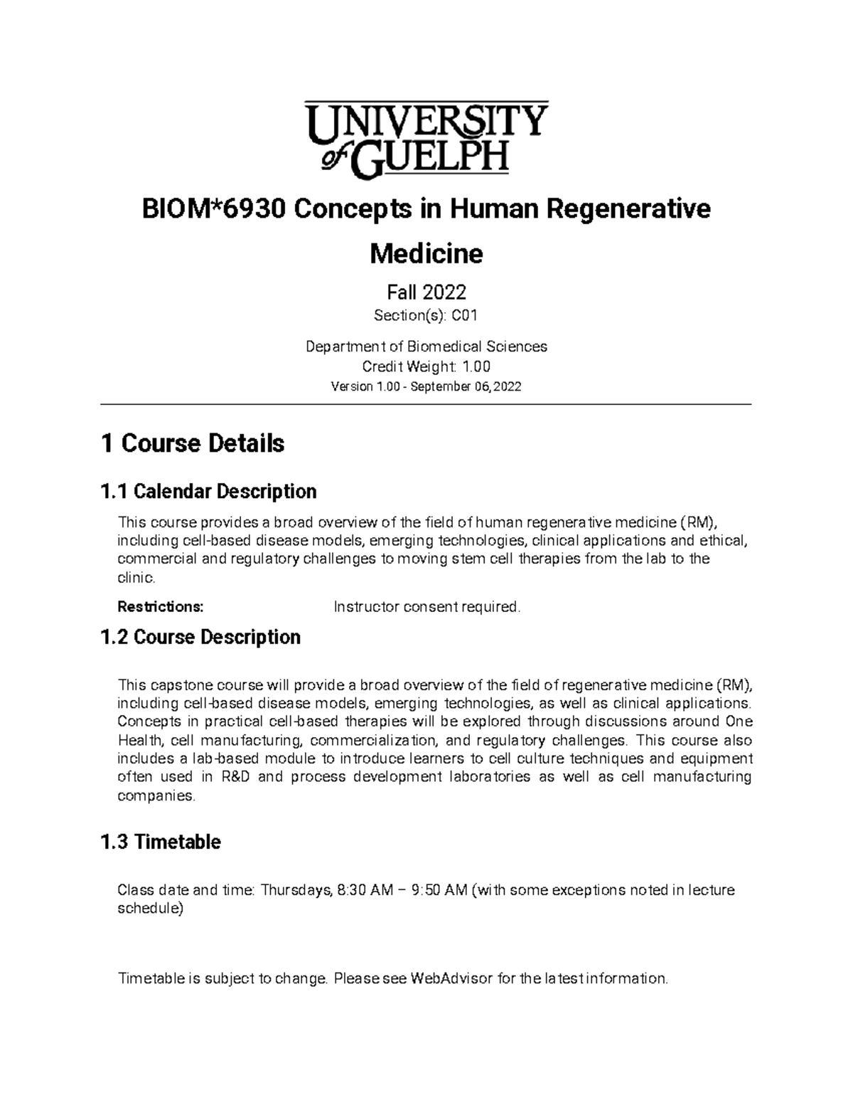 BIOM Outline for 2022 - BIOM*6930 Concepts in Human Regenerative ...