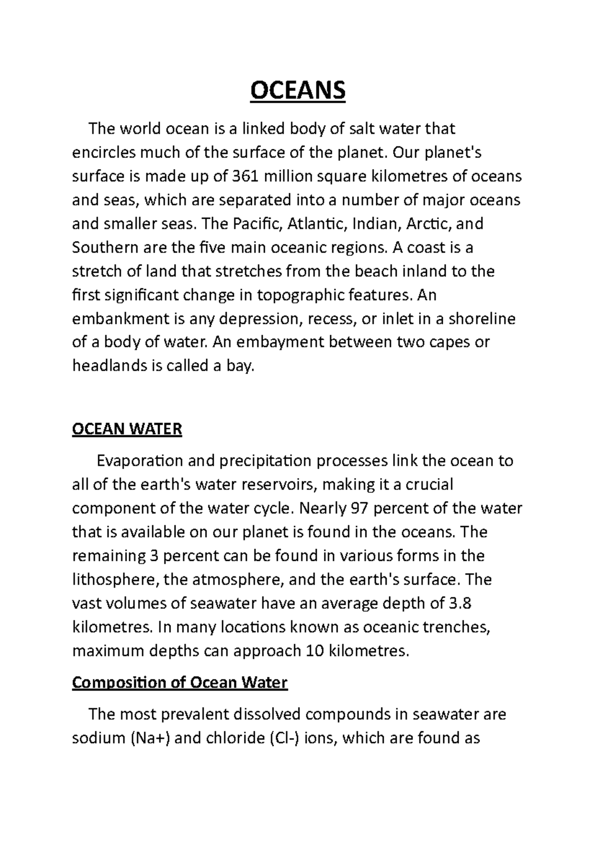 Oceans - OCEANS The world ocean is a linked body of salt water that ...