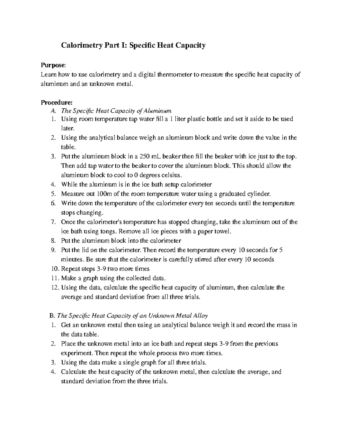calorimetry pre lab - Calorimetry Part I: Specific Heat Capacity ...