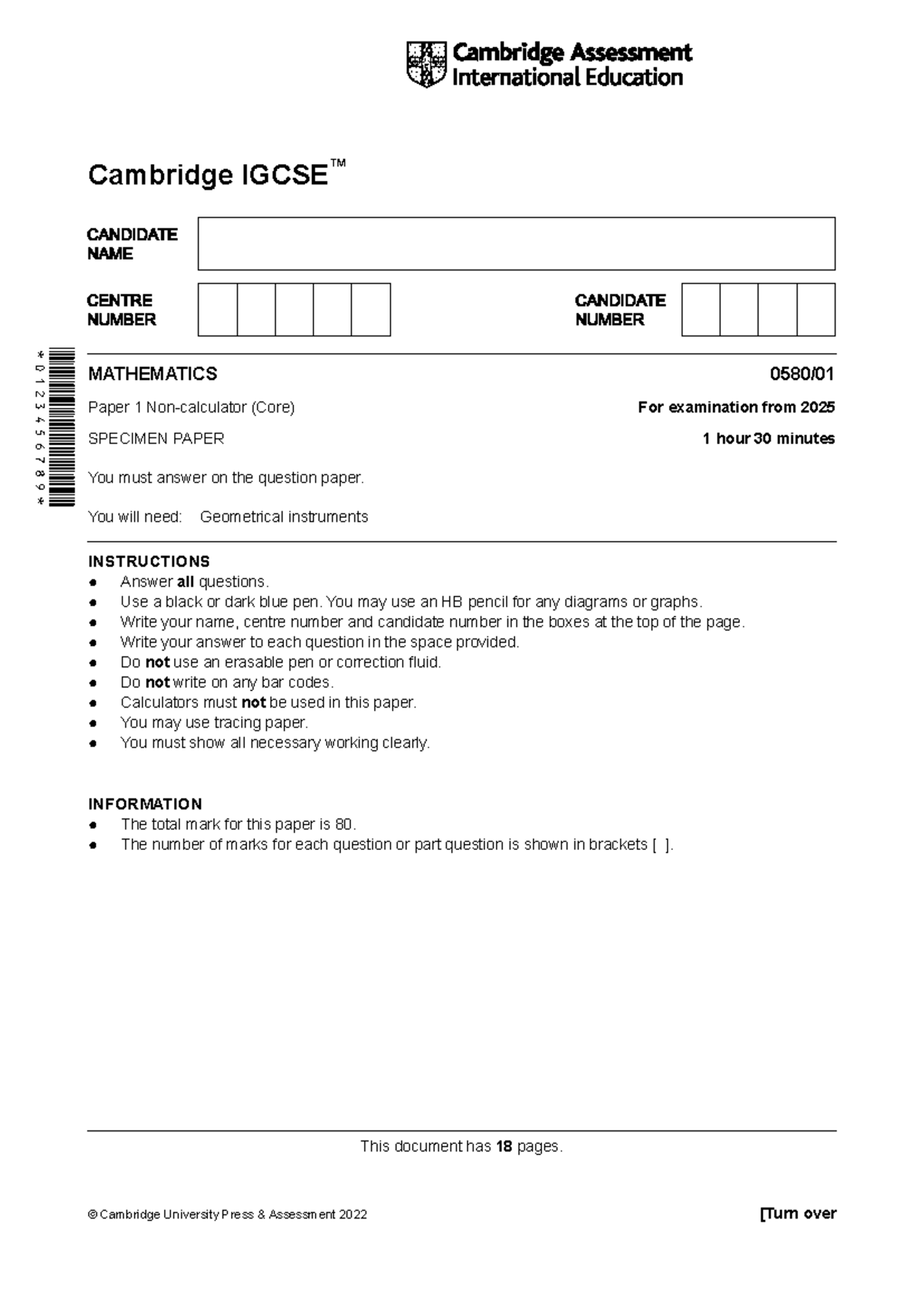 663662 2025 specimen paper 1 - Cambridge IGCSE ™ MATHEMATICS 0580 ...