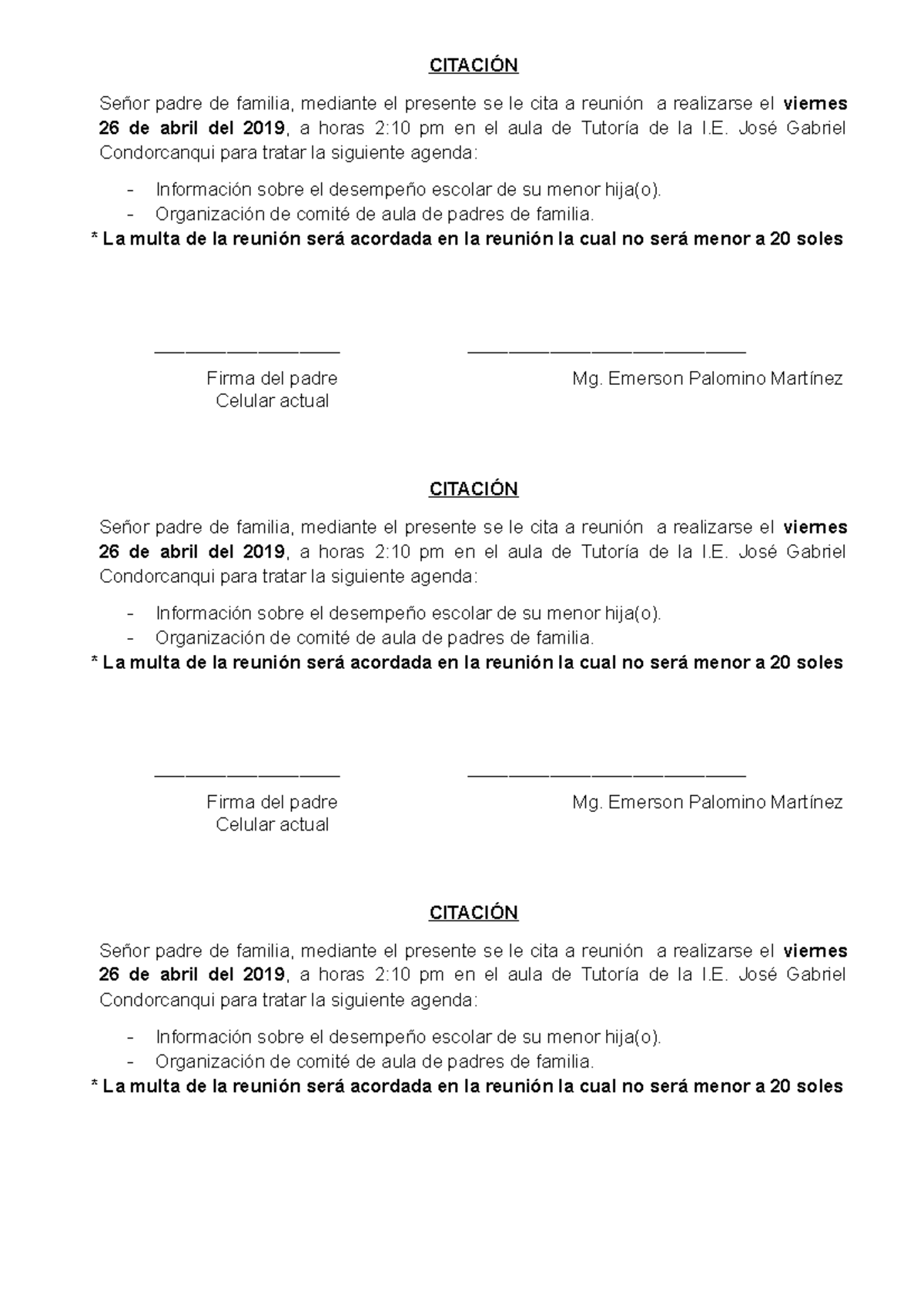 416698339 Modelo DE Citacion DE Padres DE Familia - CITACIÓN Señor ...