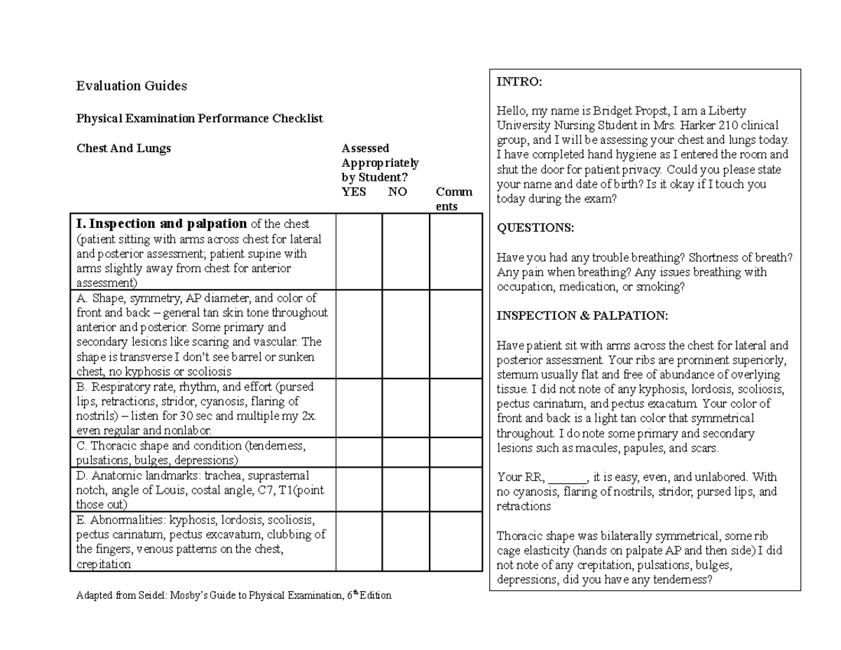 Chest & Lung Script - Evaluation Guides Physical Examination ...