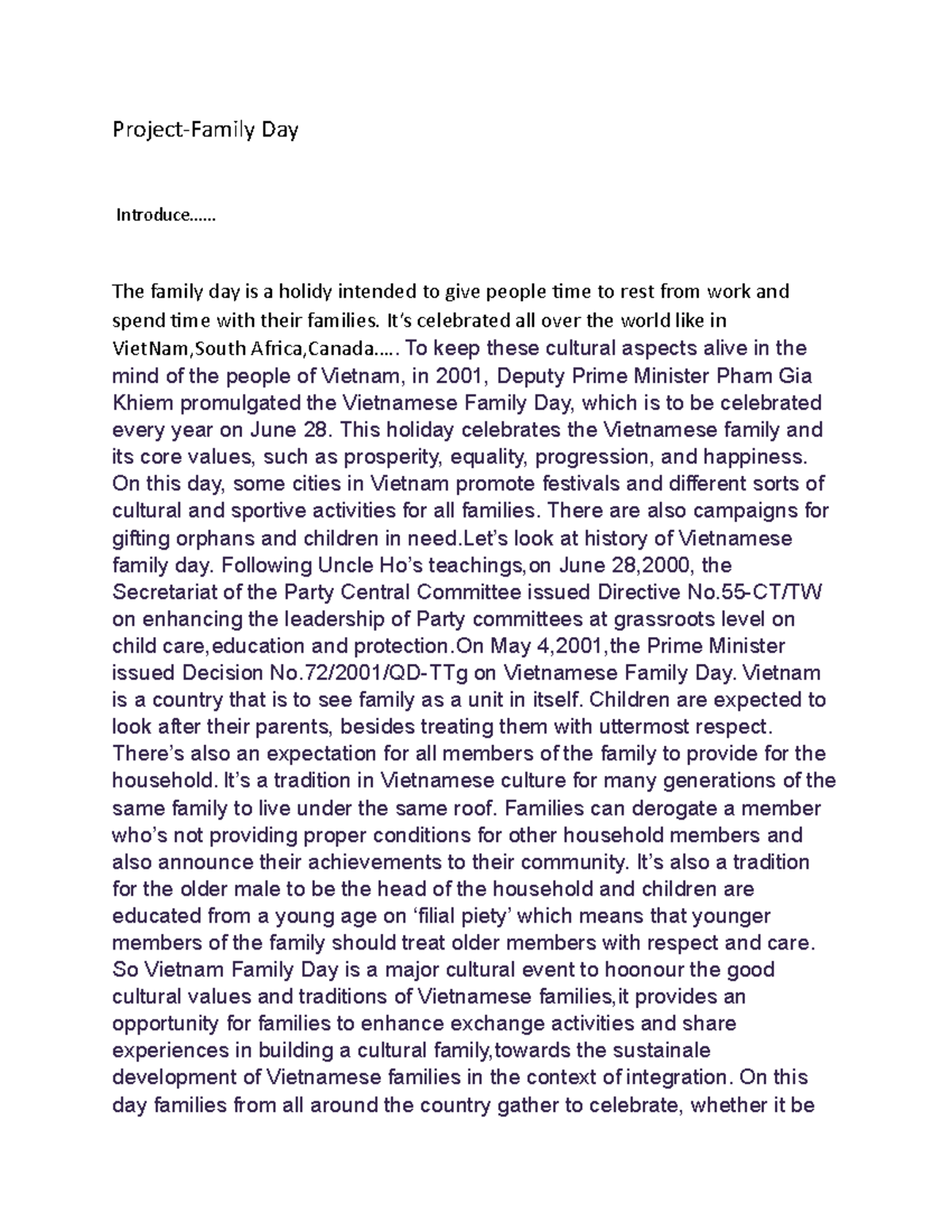 Project - 123o132 - Project-Family Day Introduce...... The family day ...