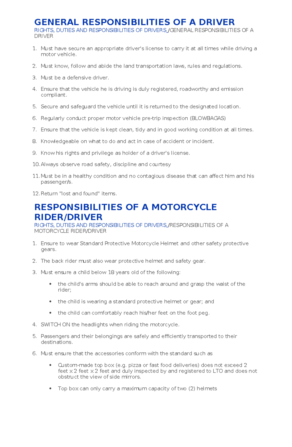 General Responsibilities OF A Driver - GENERAL RESPONSIBILITIES OF A ...