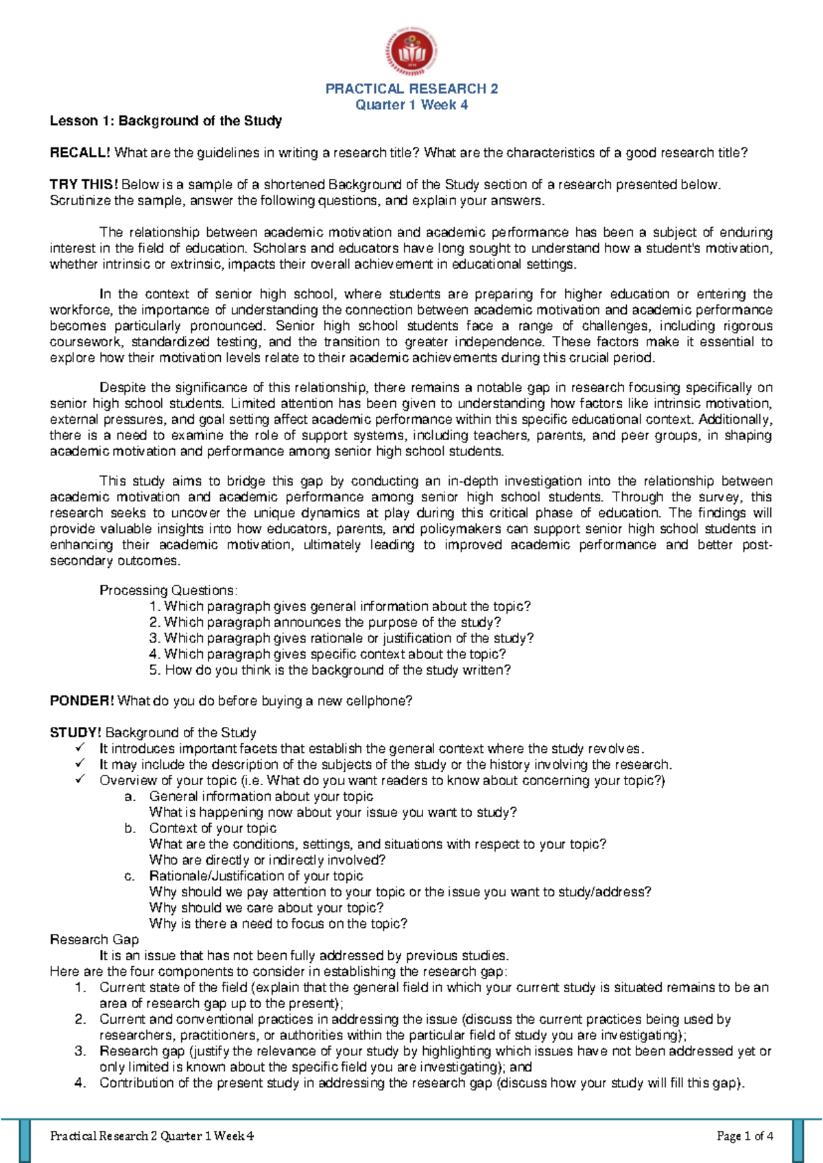 PR2 Q1 Week 4 Notes - lesson for week 4 - PRACTICAL RESEARCH 2 Quarter ...