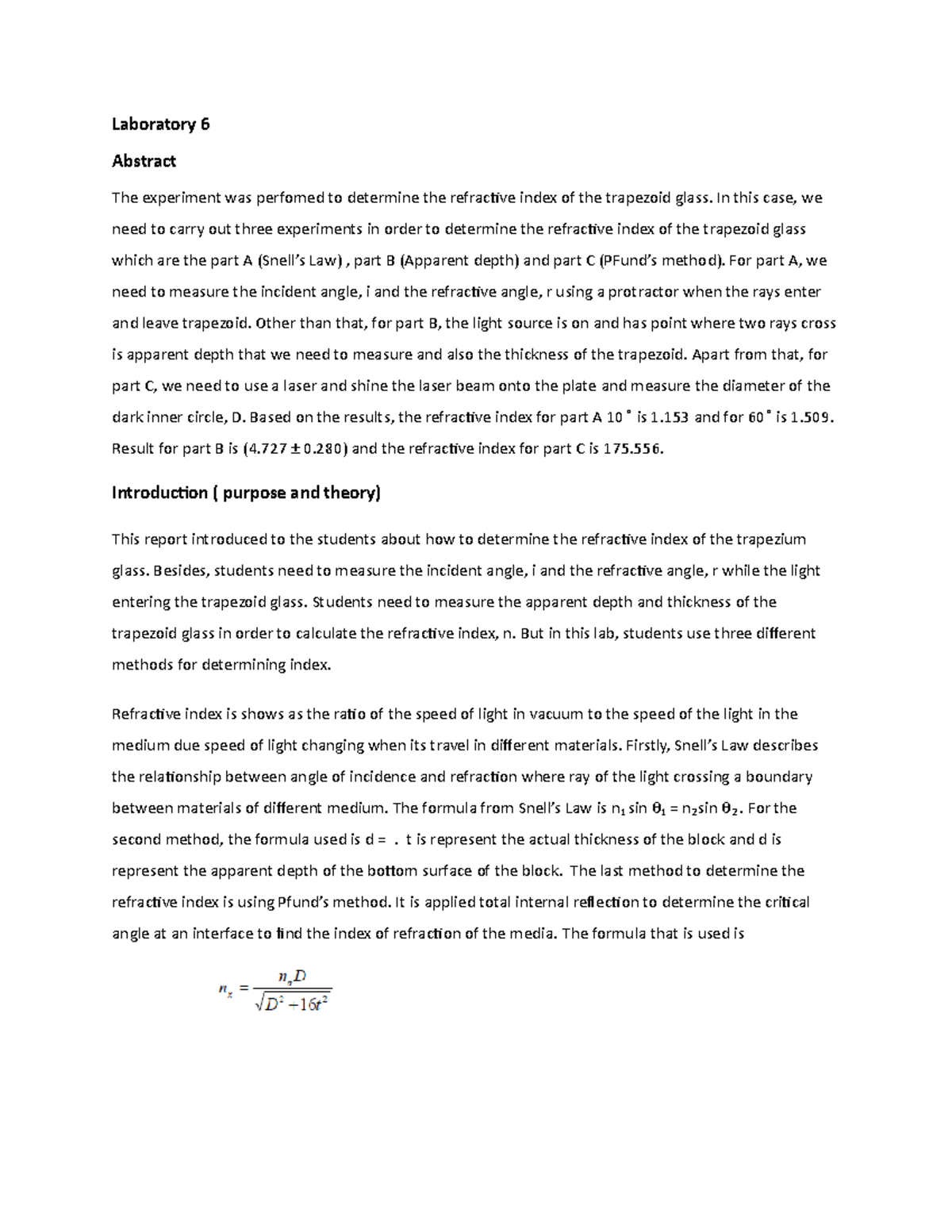 Laboratory 6 - lab6 - Laboratory 6 Abstract The experiment was perfomed to determine the ...