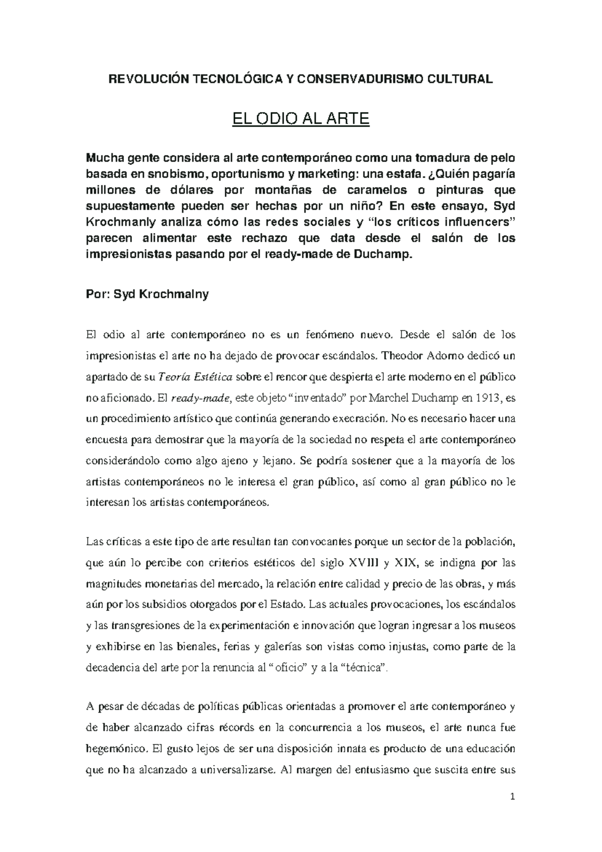 Krochmalny - El odio al arte - REVOLUCIÓN TECNOLÓGICA Y CONSERVADURISMO ...