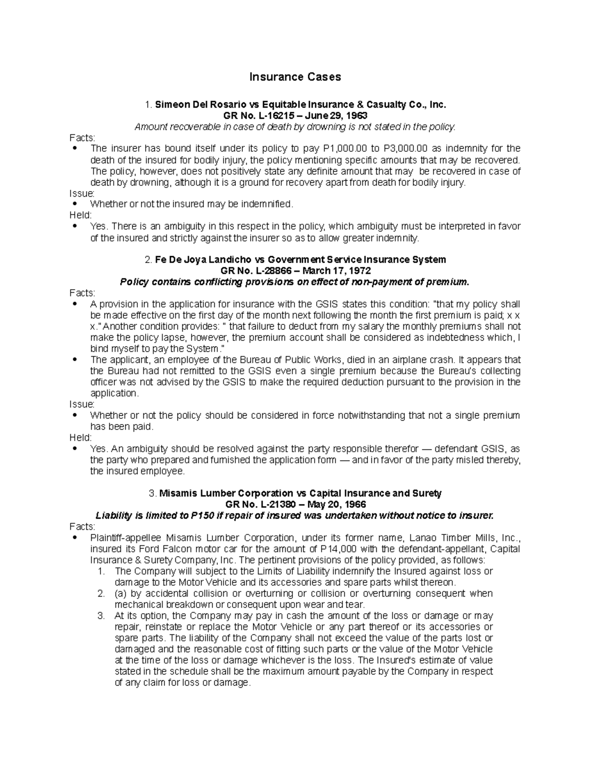 Insurance Cases - Insurance Cases Simeon Del Rosario vs Equitable ...