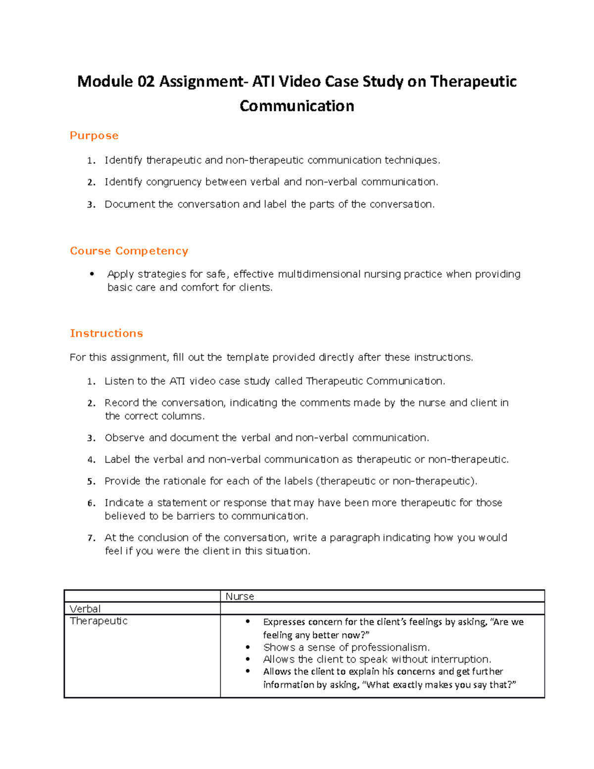 NUR 2356 Module 02 Assignment - Module 02 Assignment- ATI Video Case Study on Therapeutic - Studocu