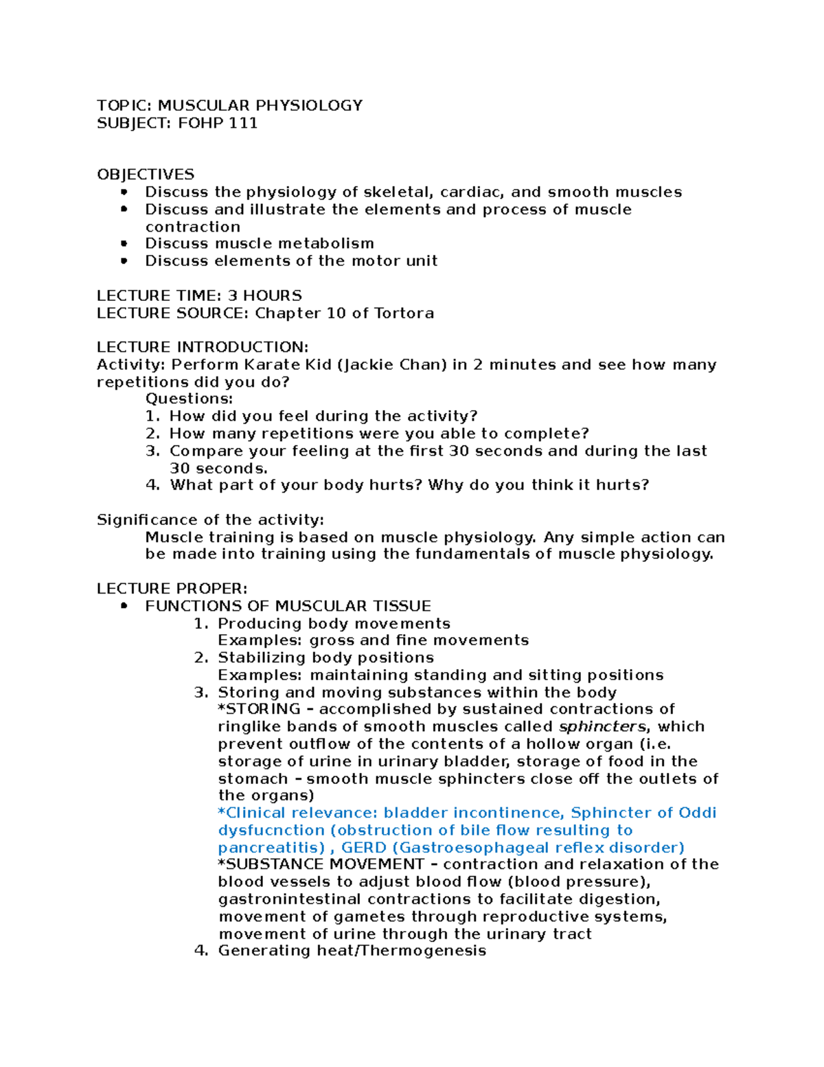 Muscular Physiology - Lecture notes 1 - TOPIC: MUSCULAR PHYSIOLOGY ...