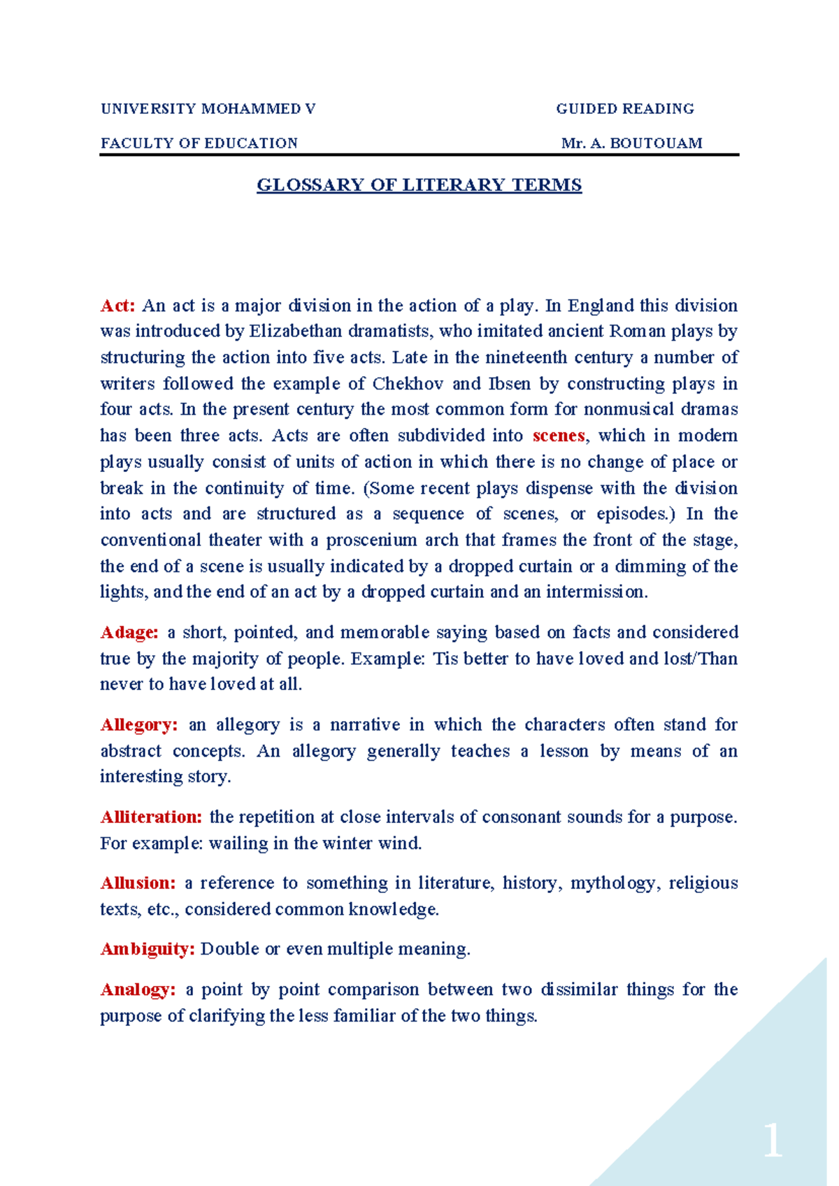 GR Glossary - explanations for literary terms - UNIVERSITY MOHAMMED V ...