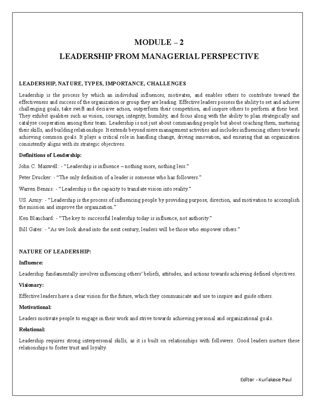 Business leadership skills module 2 - MODULE – 2 LEADERSHIP FROM ...