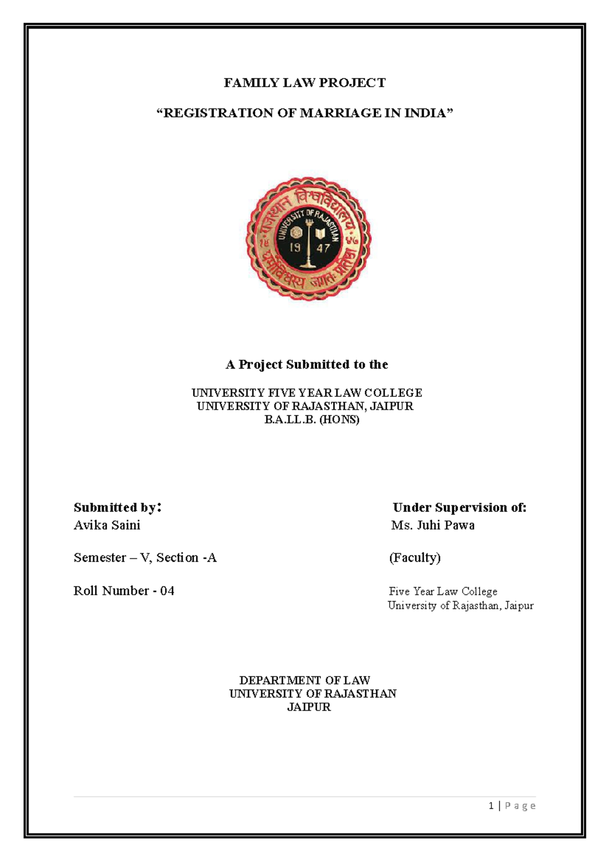 Family LAW Project - nil - FAMILY LAW PROJECT “REGISTRATION OF MARRIAGE ...