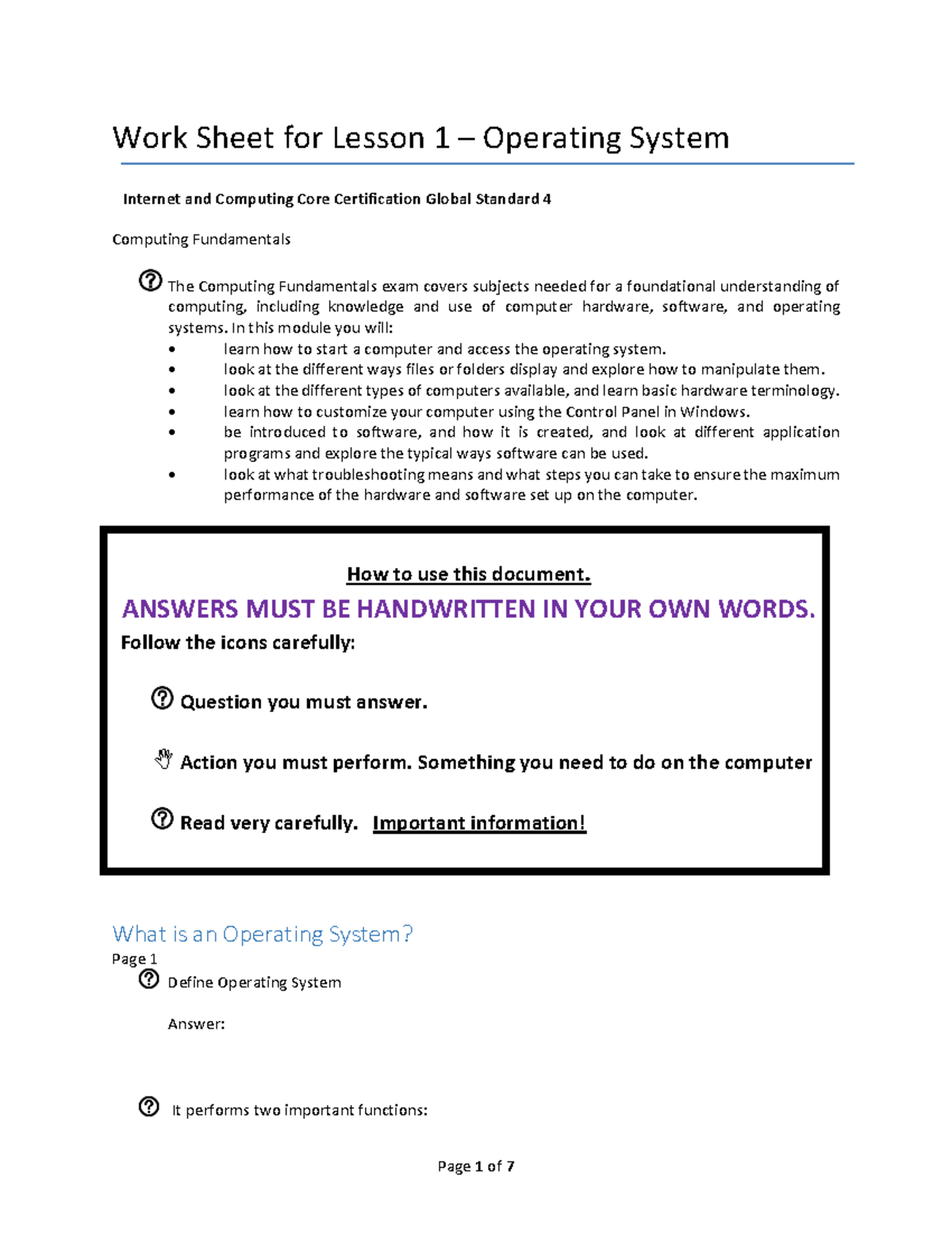 Unit 1 - Lesson 1 Operating system - Work Sheet for Lesson 1 ...