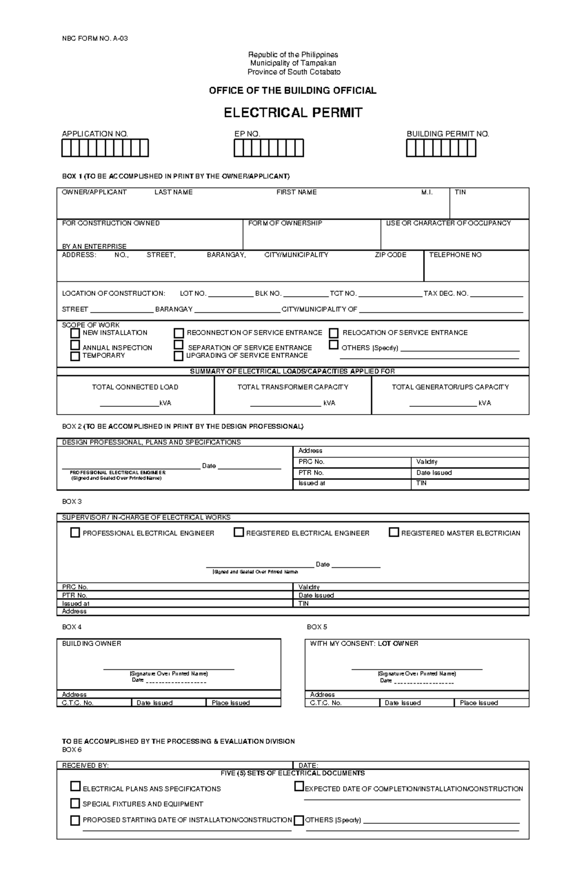 6- Electrical- Permit Goverment Paper - ####### NBC FORM NO. A- 03 ...