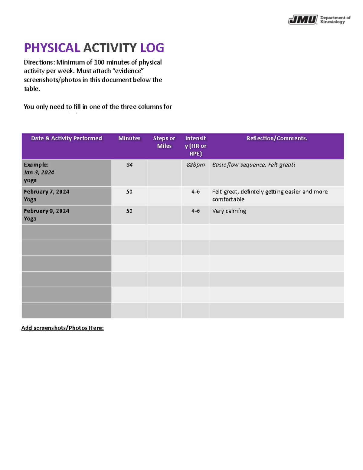 KIN 100 PA Log SP24-1 - Fitness Log - Add screenshots/Photos Here ...