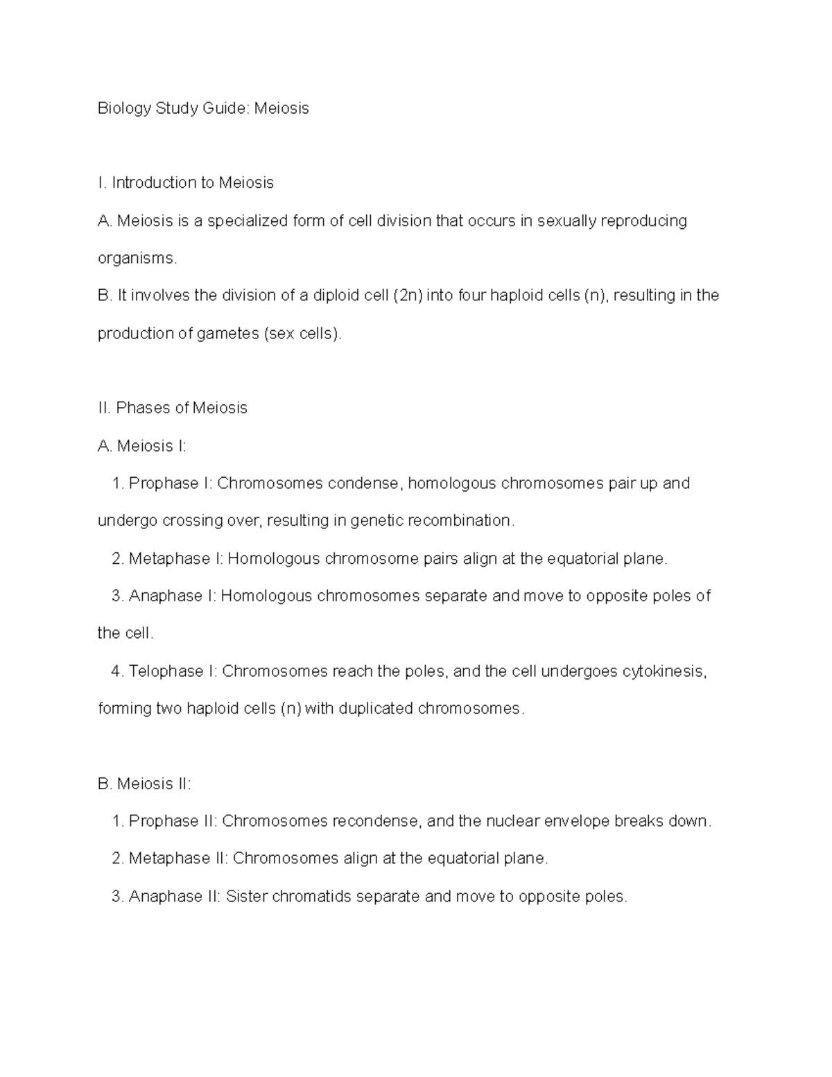 Meiosis 3 - Biology Study Guide: Meiosis I. Introduction to Meiosis A ...