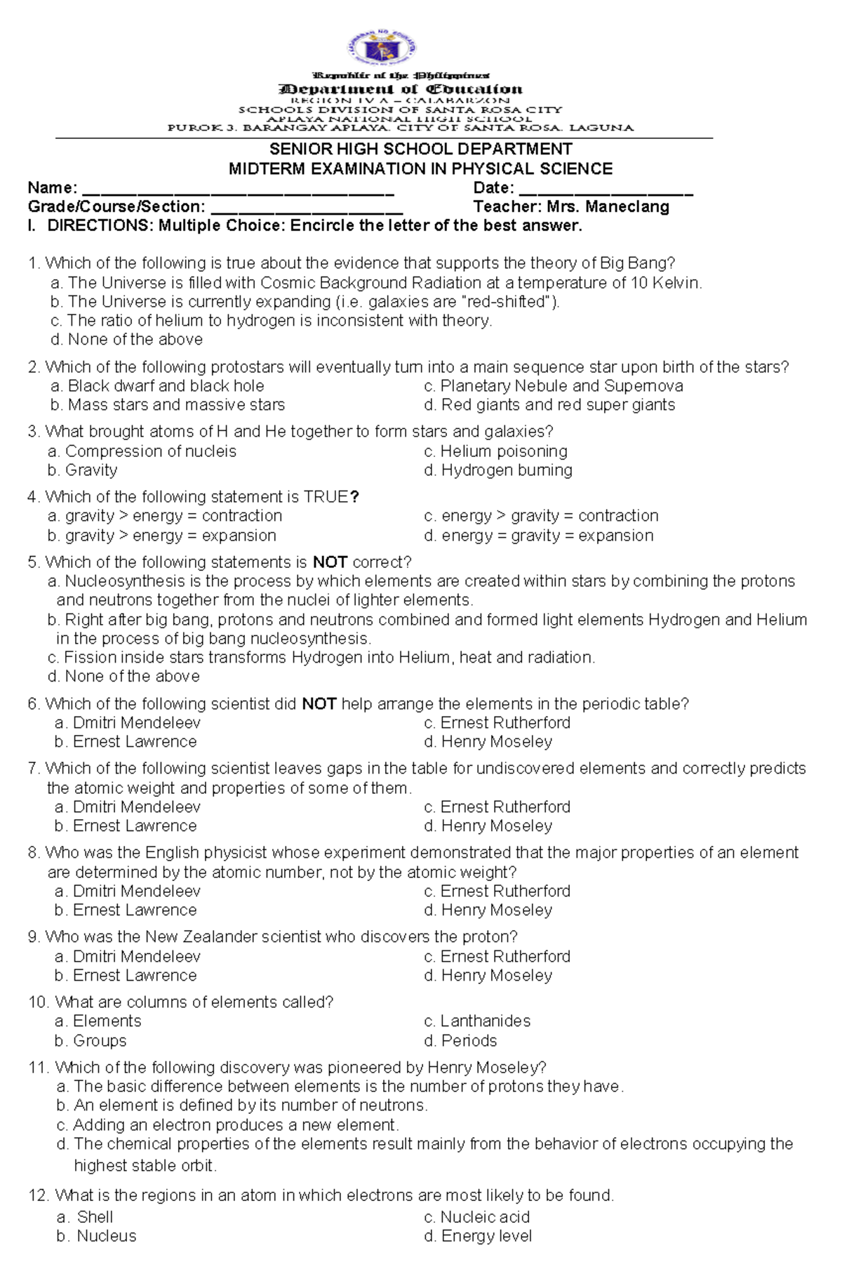 Midterm EXAM Physical Science - SENIOR HIGH SCHOOL DEPARTMENT MIDTERM ...